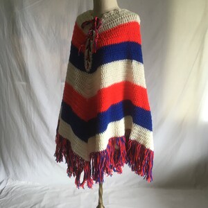 Vintage 70s Handmade Knit Striped Poncho Shawl Red White Blue 1970s ...