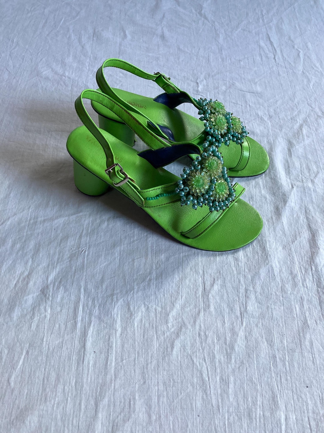 Vintage 60s Vagabonds Green Vinyl Strappy Heeled Sandals Bejeweled ...
