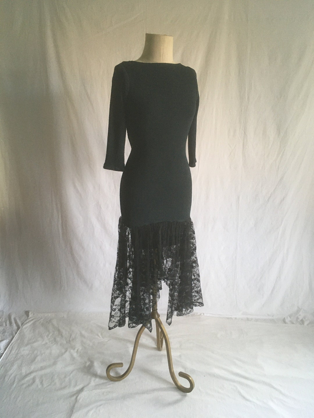 Vintage 80s Forest Green Cut Out Plunge Back Black Tulle Ruffle Bodycon ...