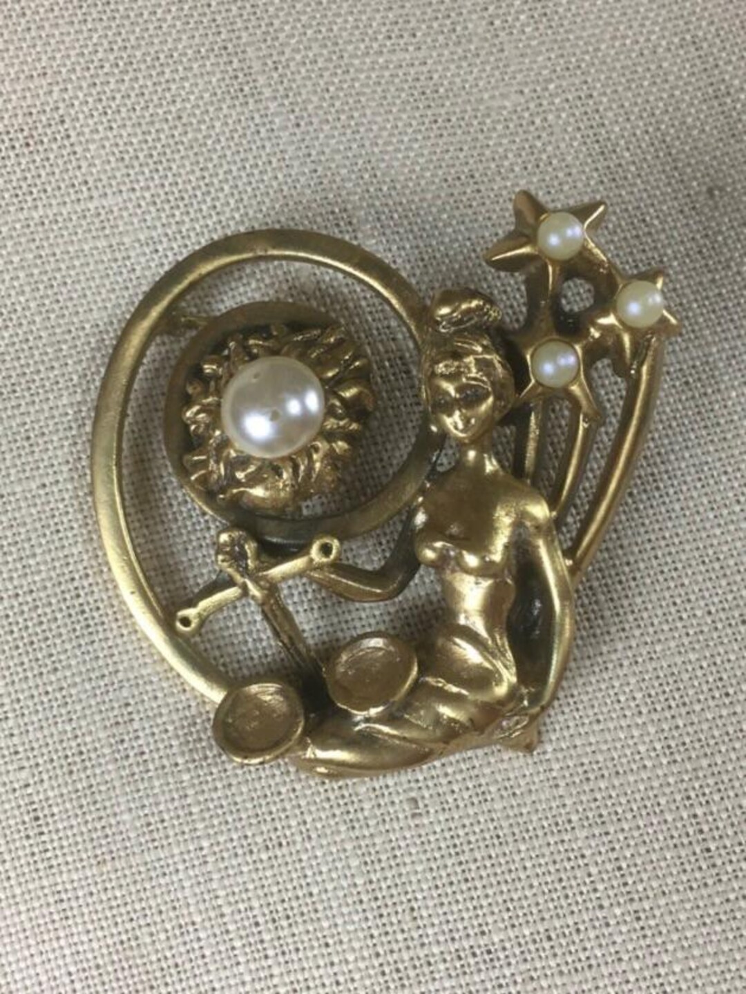 Vintage 60s Tortolani Brooche Gold Tone Zodiac Libra Woman With Scales ...