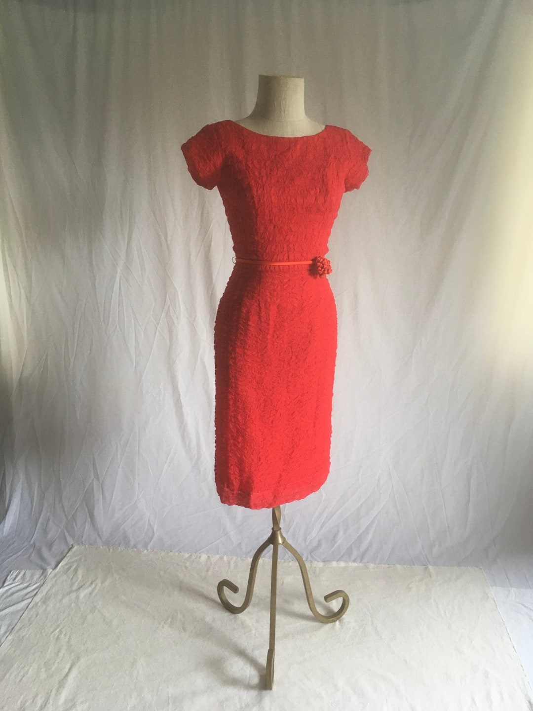 Vintage 50s Red Chiffon Pucker Pleat Bombshell Wiggle Dress Boat Neck ...