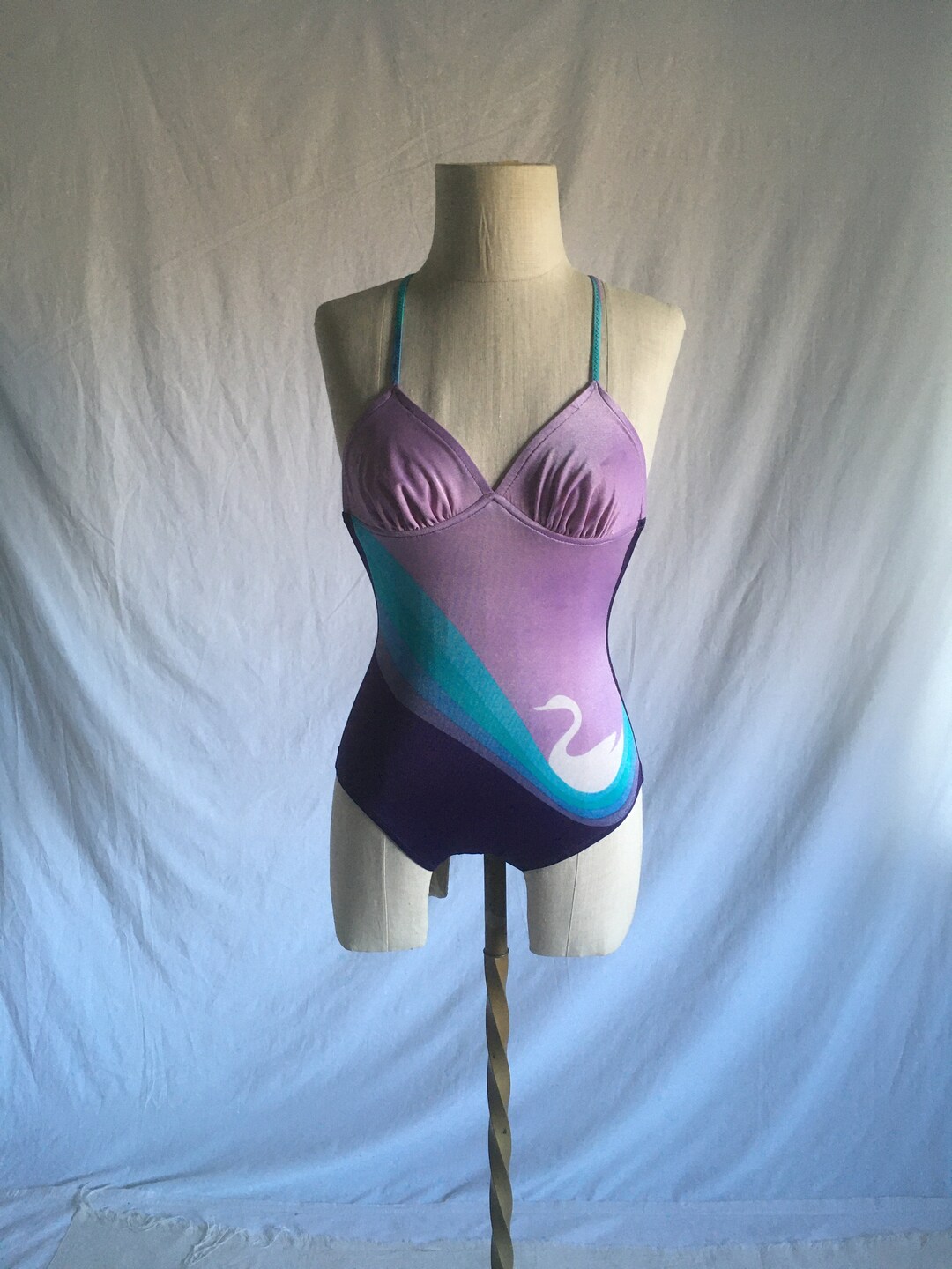 Vintage 70s Dippers California Swan Purple Cross Back Strap Swimsuit ...