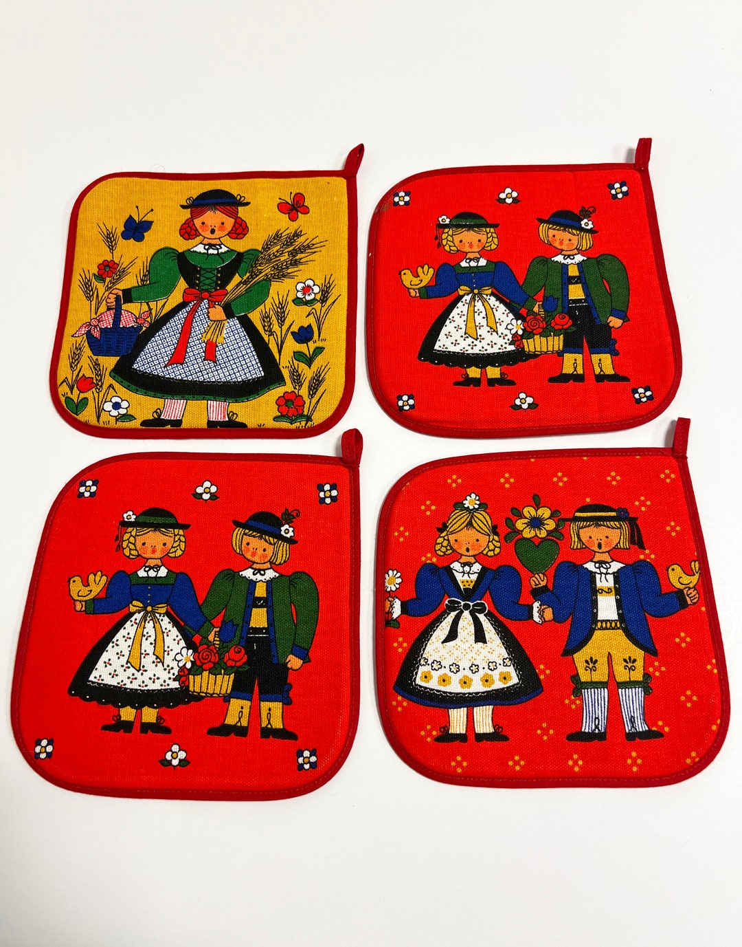 Austria Bavarian German Folk Art Cotton Pot Holder Oven X4 Set Mid ...