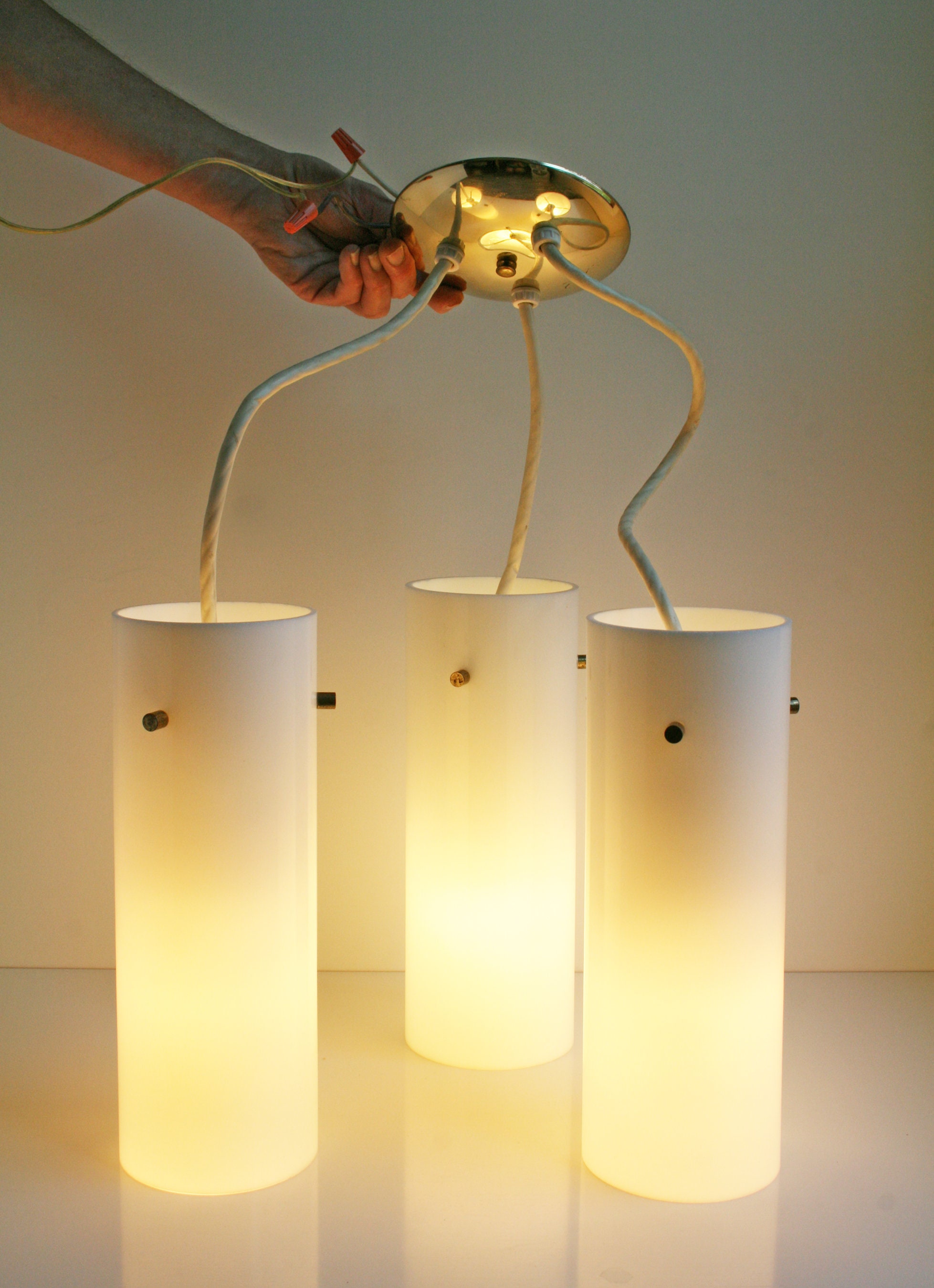 Mid Century White Glass Brass Triple Pendant Light Fixture Hanging Lamp ...