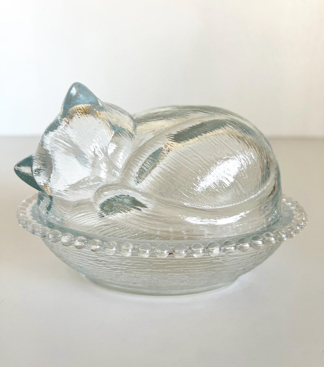 Vintage Indiana Glass Cat Kitten Sleeping Nest Candy Dish Mid Century ...