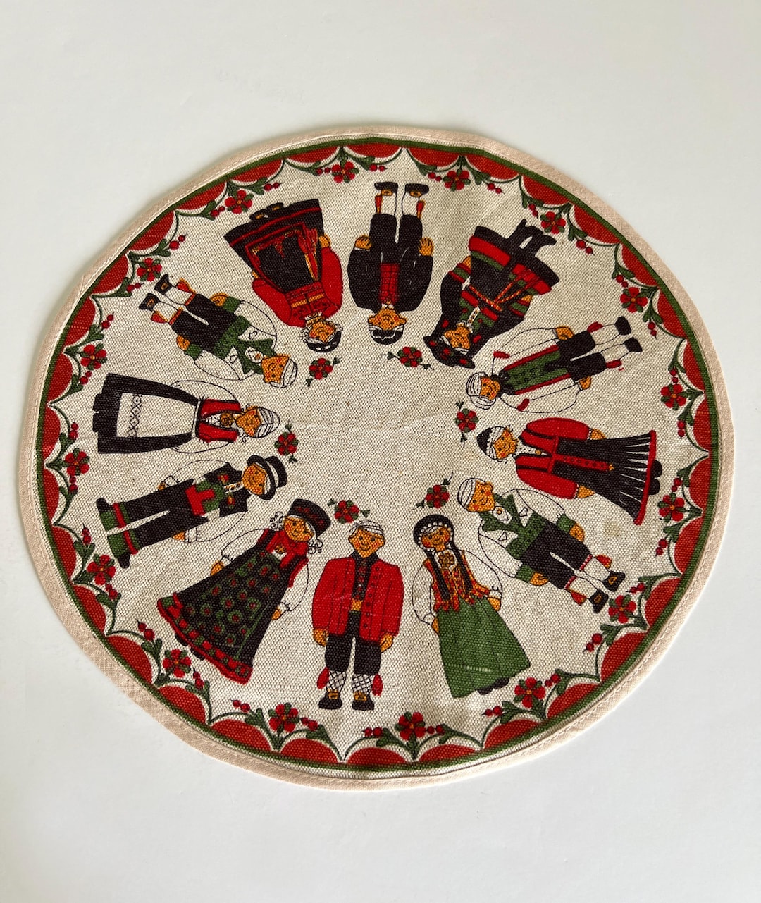 Vintage Norway Folk Dance Round Table Cloth Placemat Linen Sandvika ...