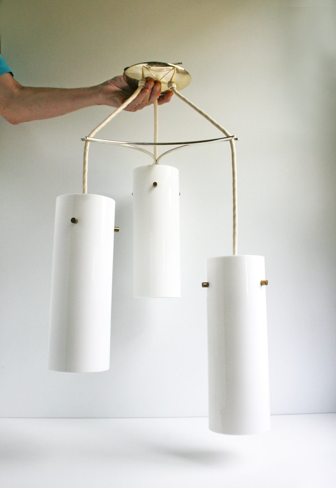Mid Century White Glass Brass Triple Pendant Light Fixture Hanging Lamp ...