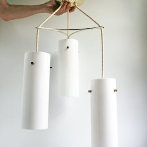 Mid Century White Glass Brass Triple Pendant Light Fixture Hanging Lamp ...