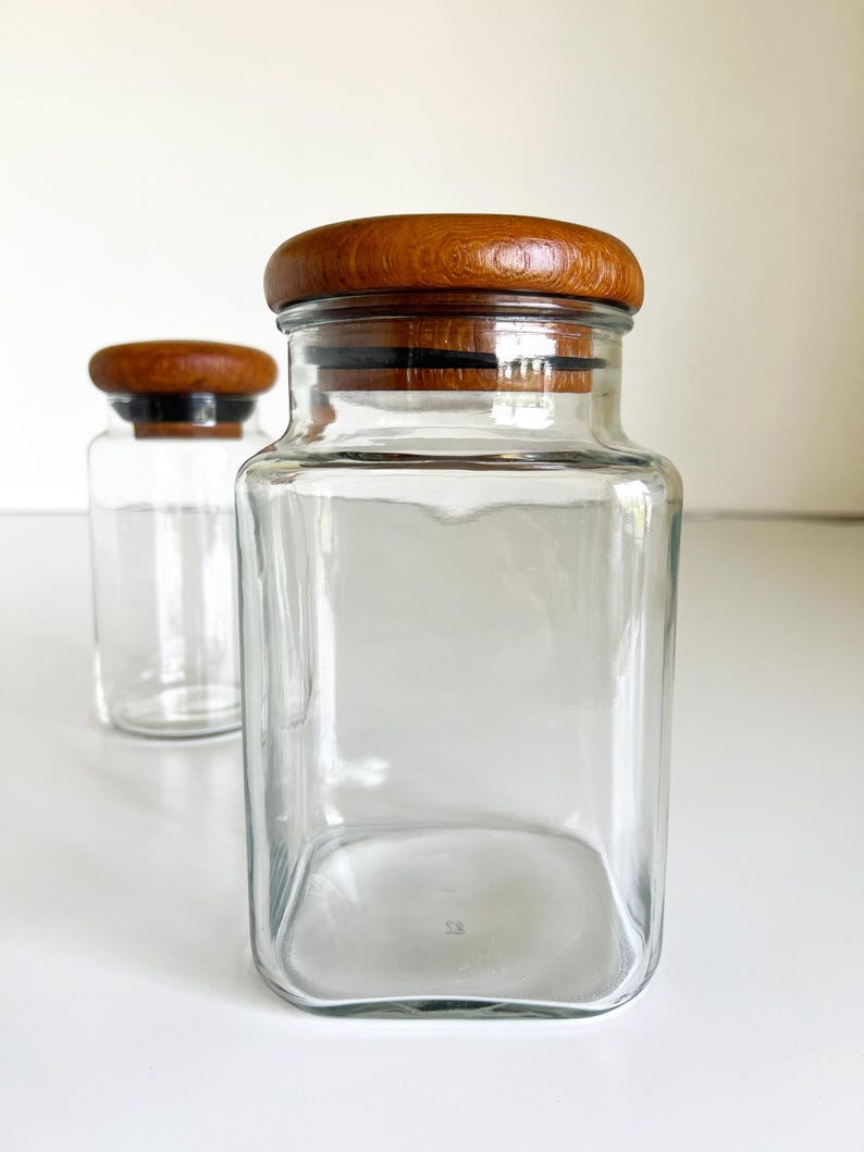 Vintage Teak Lidded Square Glass Canister Storage Jar Kitchen Anchor ...