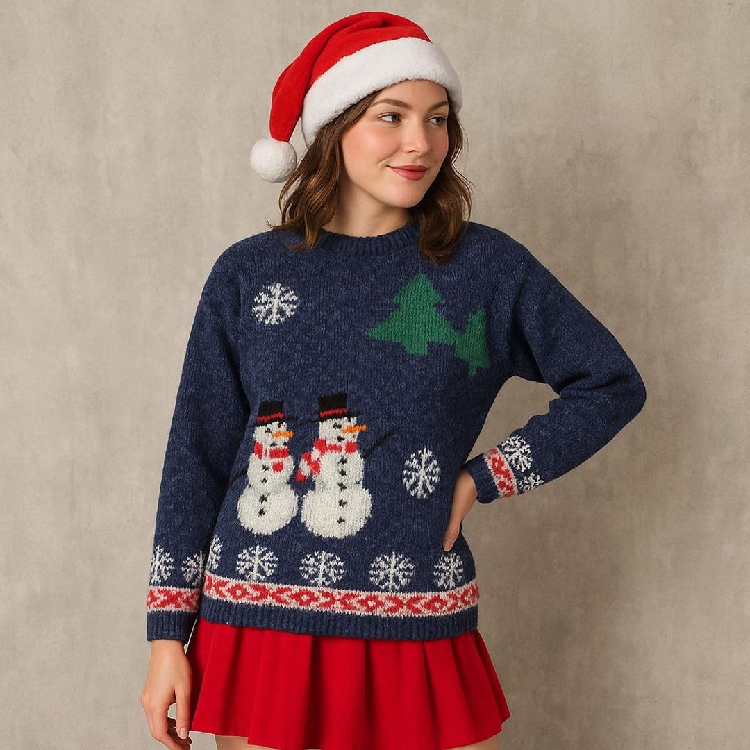 Vintage Marisa Christina Snowman Christmas Sweater Navy Wool Blend Hong ...