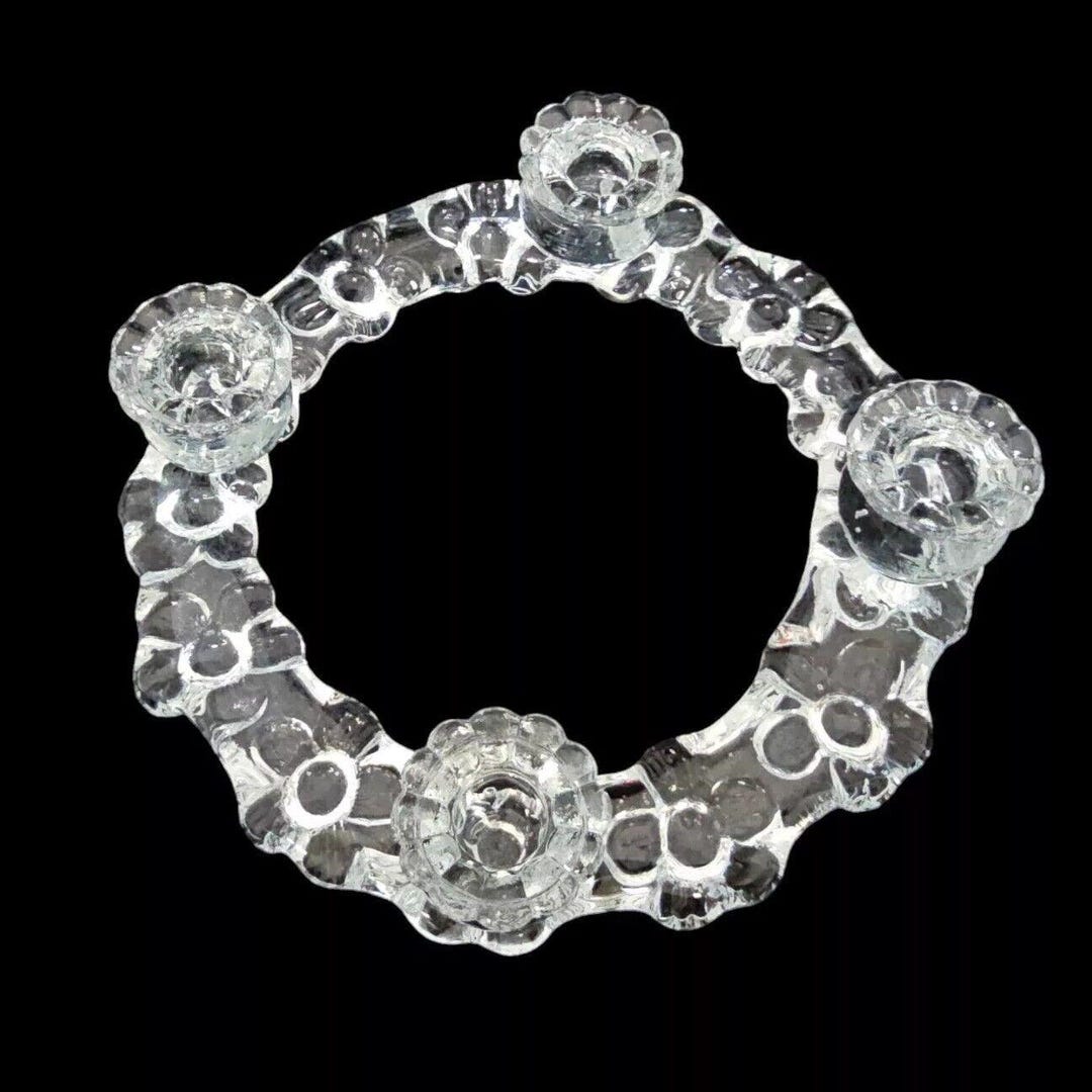 Vintage Crystal Glass 4 Candlestick Ring 3D Embossed Daisy Floral ...