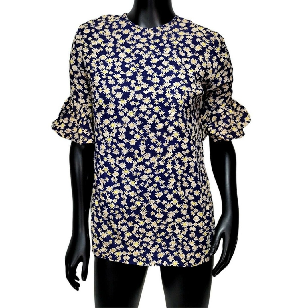 Vintage Handmade Navy Blue Daisy Floral Pattern Blouse Ruffle Short ...