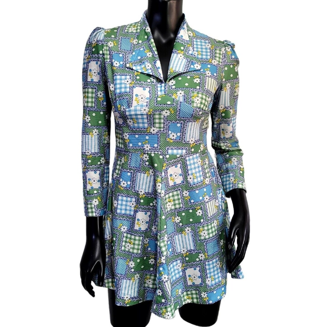 Vintage 60s Size XS Geo Floral Pattern 3/4 Sleeve Micro Mini Mod Gogo ...