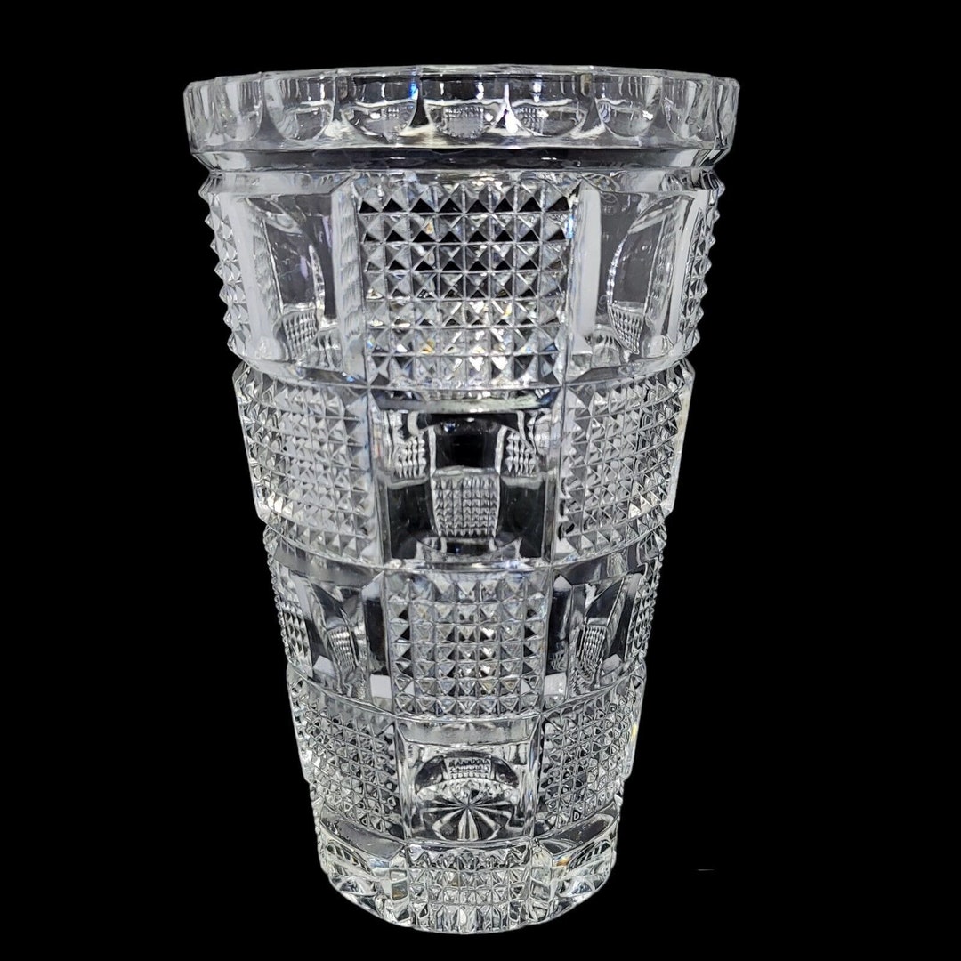 Vintage Lead Crystal Glass Circle Square Patterned Vase Thumbprint 8 ...