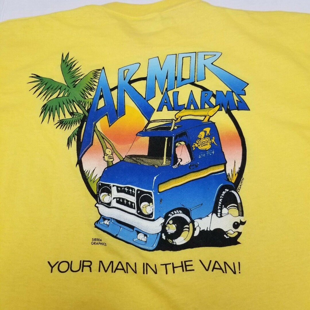 Vintage 80s Armor Alarms 50/50 Single Stitch Size XL Yellow Tshirt Man ...