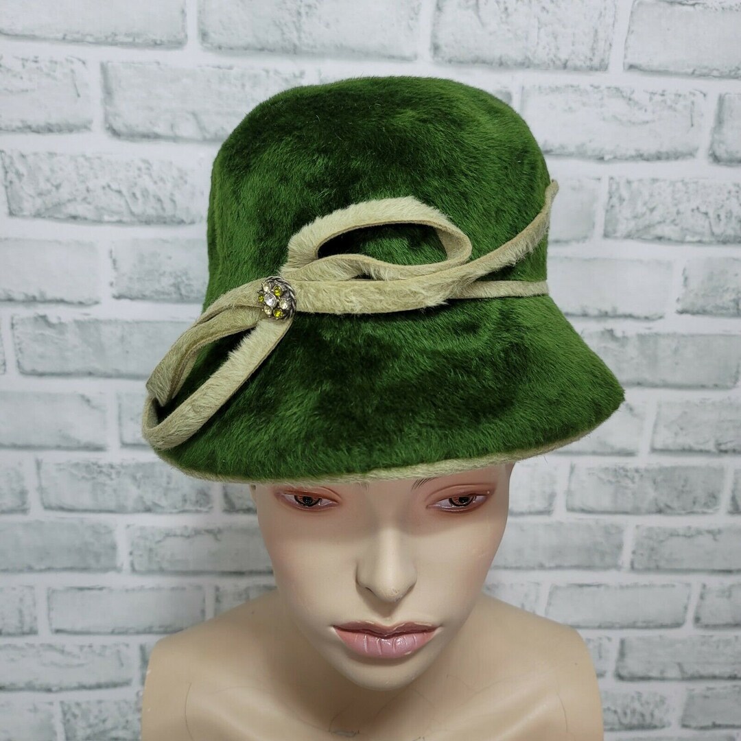Vintage Anna Rizzo Firenze Dark Green Faux Fur Cloche Hat Bow ...
