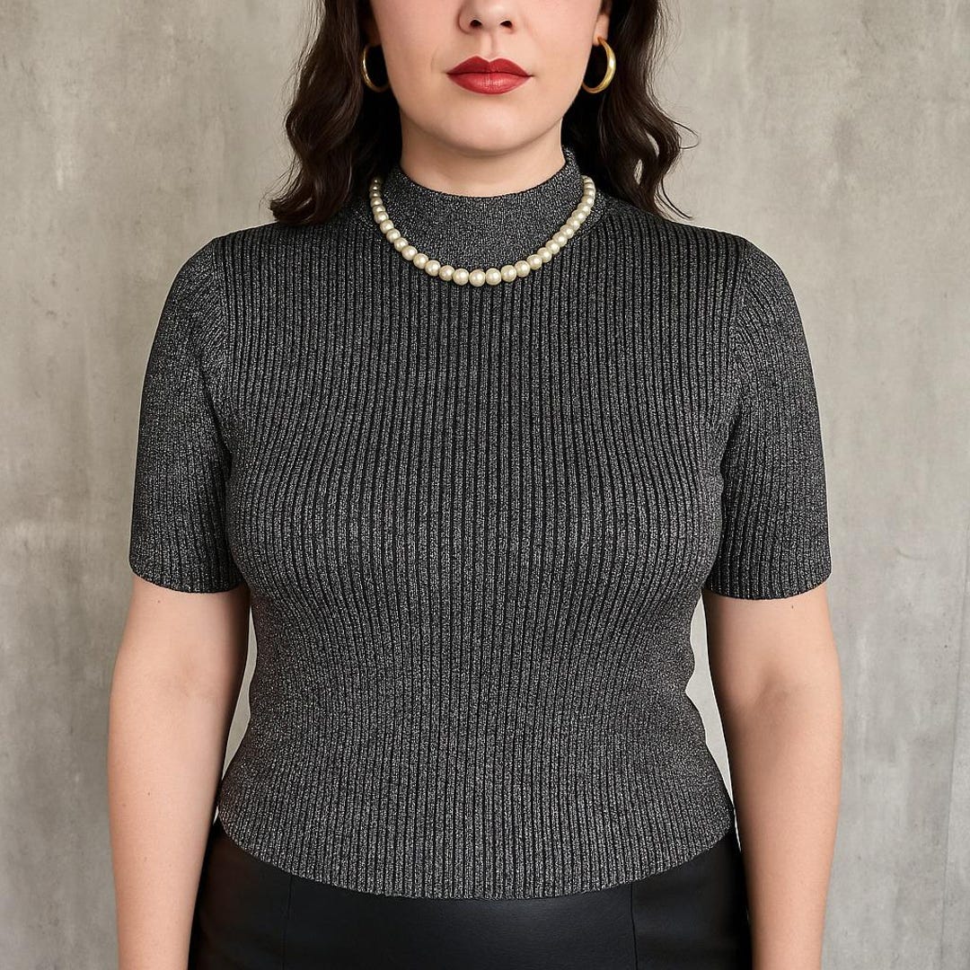 Vintage 90s Joseph A Metallic Ribbed Mock Neck Top Black Silver Lurex ...