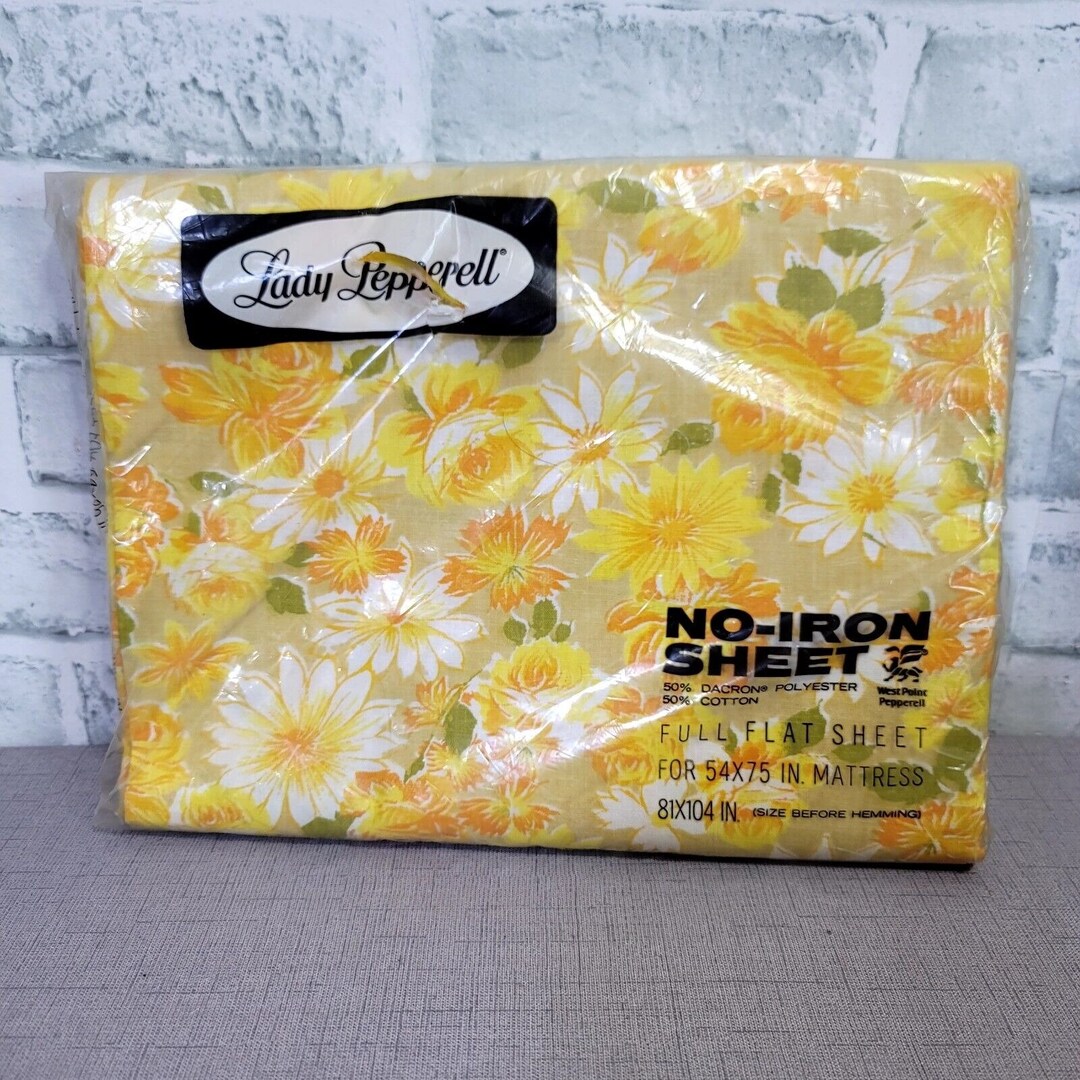 Vintage 70s Lady Pepperell Full Flat Sheet Yellow Orange Spring Flowers ...