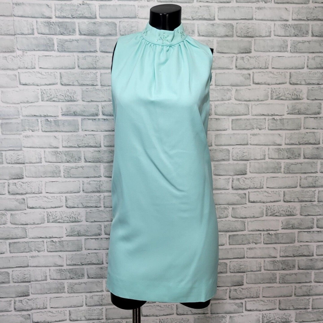 Vintage 60s Mint Green Mod Go Go Micro Mini Shift Dress Mock Neck ...