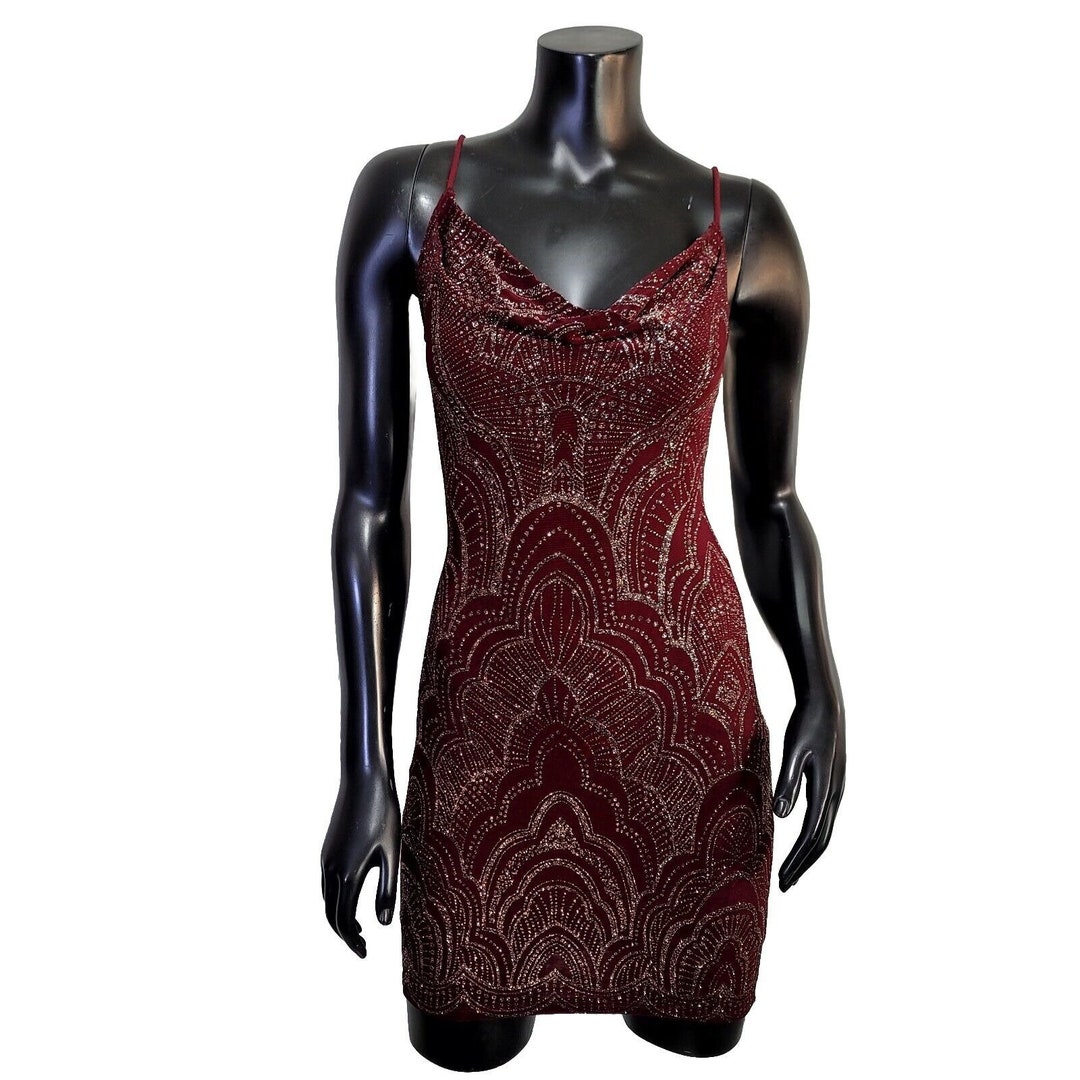 Vintage 90s Jump Apparel 1/2 Burgundy Bodycon Silver Boho Pattern ...
