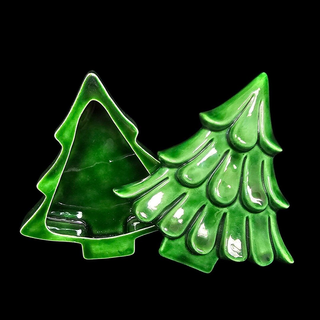 Vintage 80s Ceramic Christmas Tree Trinket Box Holiday Decor Lid and ...