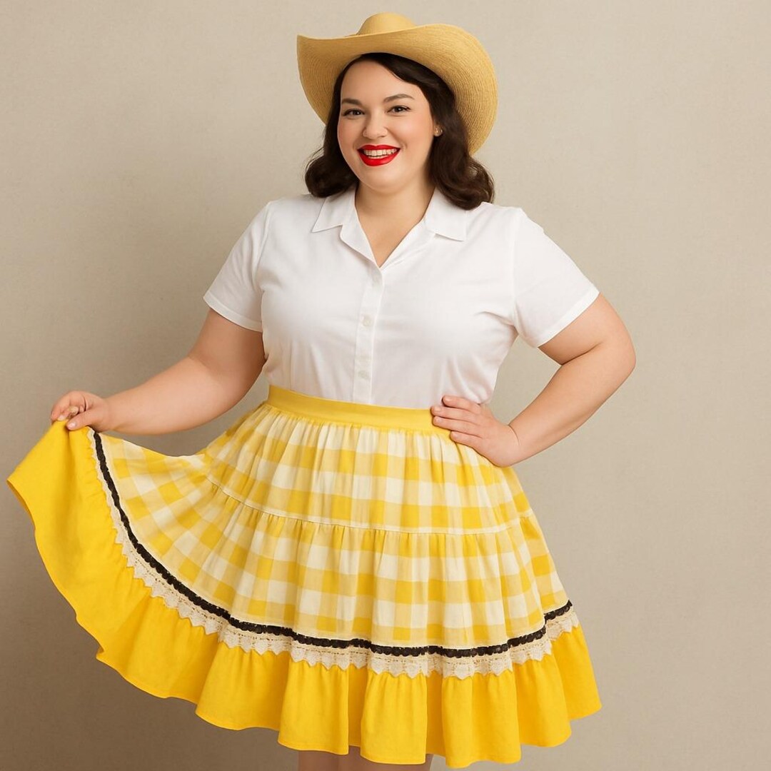 Vtg 1950s Yellow Gingham Square Dance Skirt Western Full Tiered Lace ...