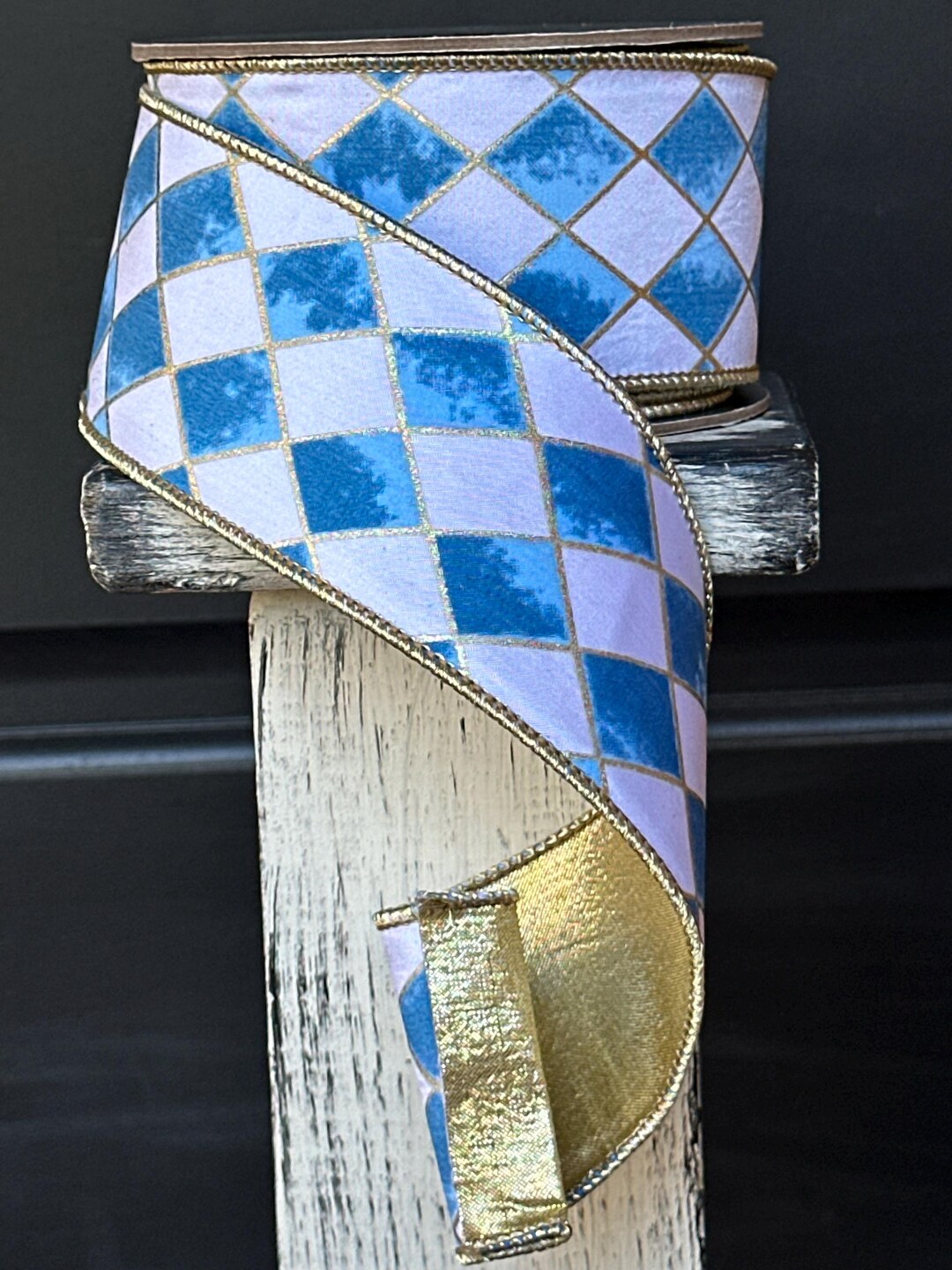 2.5 Inch Blue and White Harlequin Diamond Pattern Ribbon, Premium Wired ...