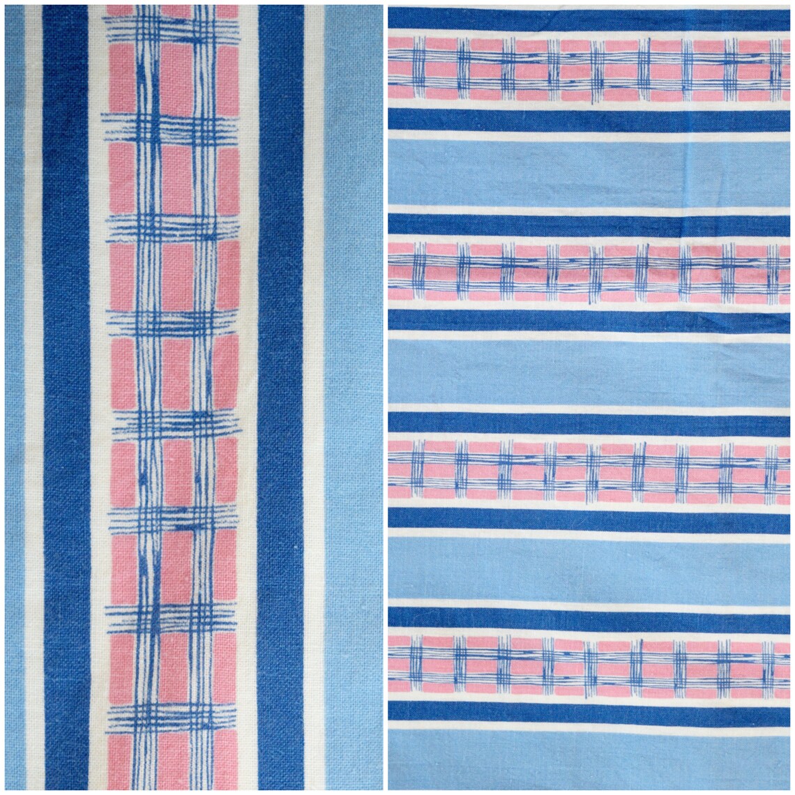 Blue + Pink Striped Fabric/ 1930s 40s Vintage Feedsack/ Midcentury Mod ...