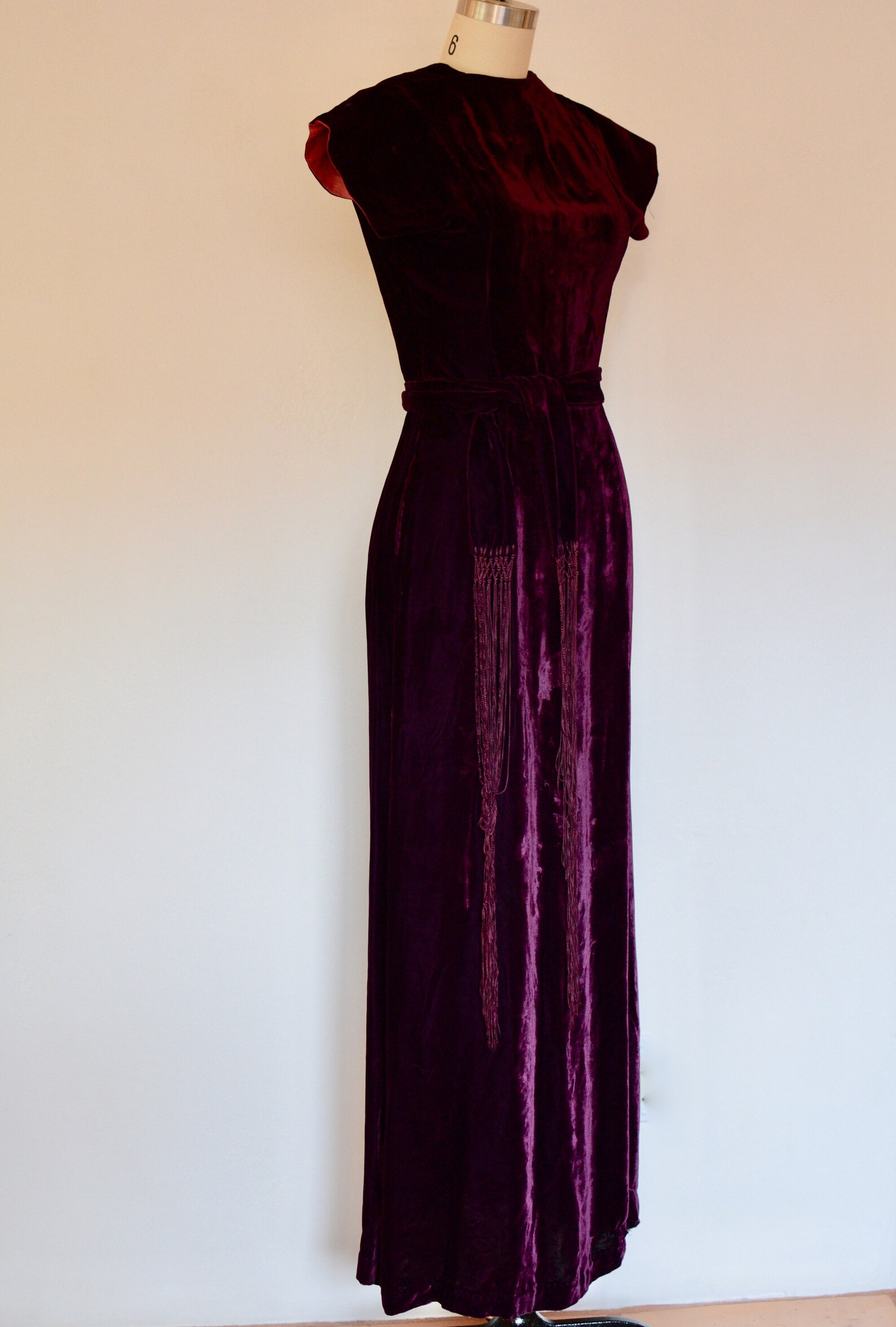 30s Vintage Silk Velvet Burgundy Maxi Dress With Macrame Tie Belt - Etsy