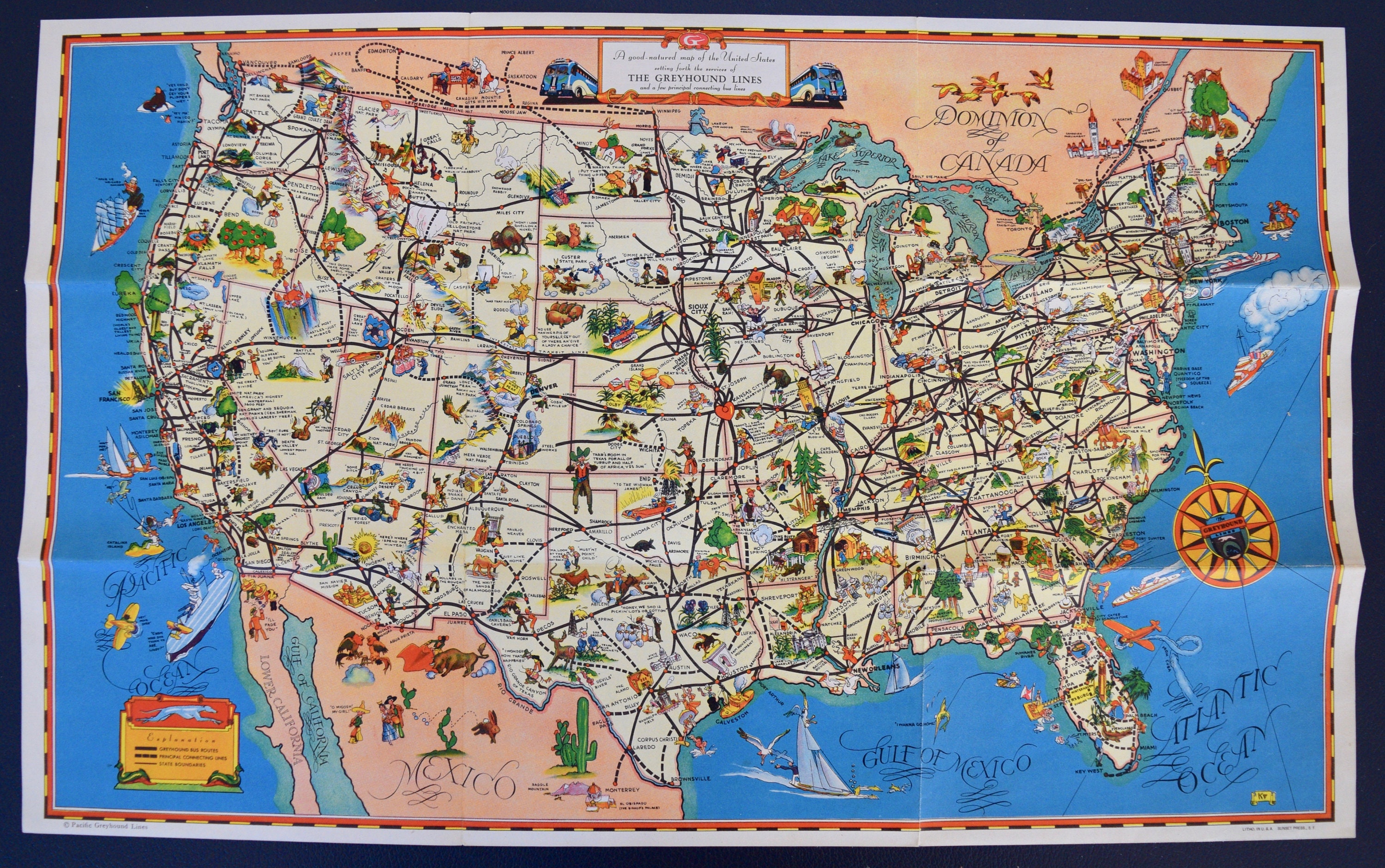 1940 Original Greyhound Bus Lines Good Natured Map of the United States ...