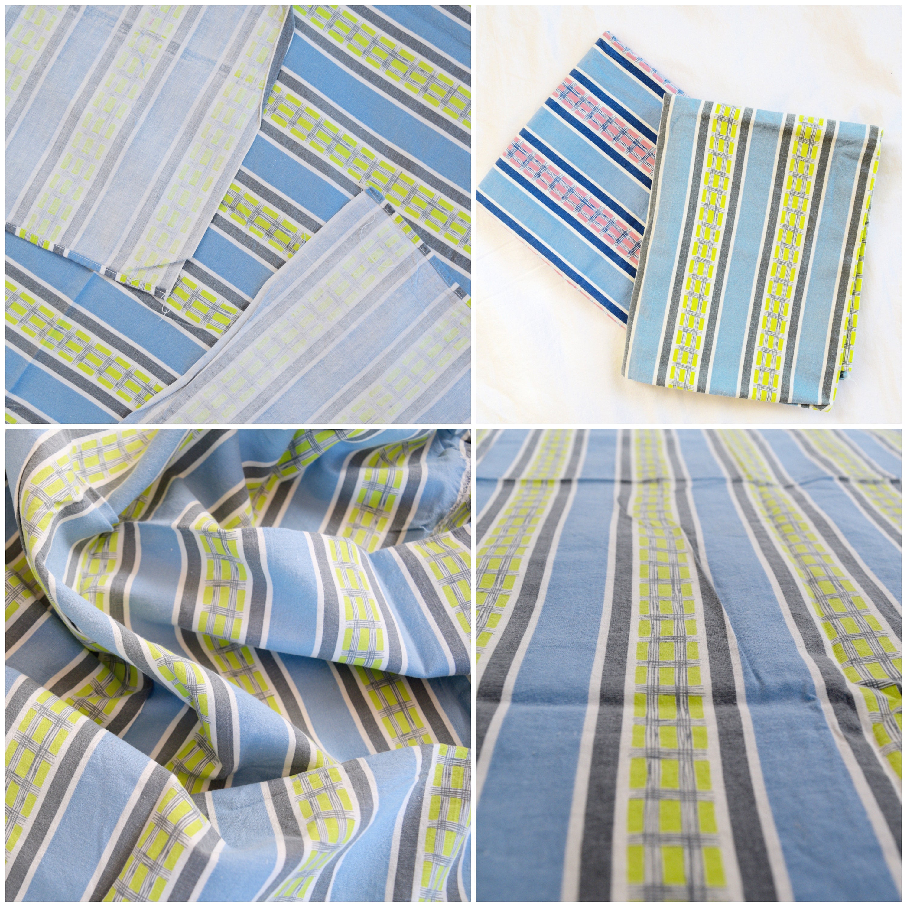 Blue + Lime Striped Fabric/ 1930s 40s Vintage Feedsack/ Midcentury Mod ...
