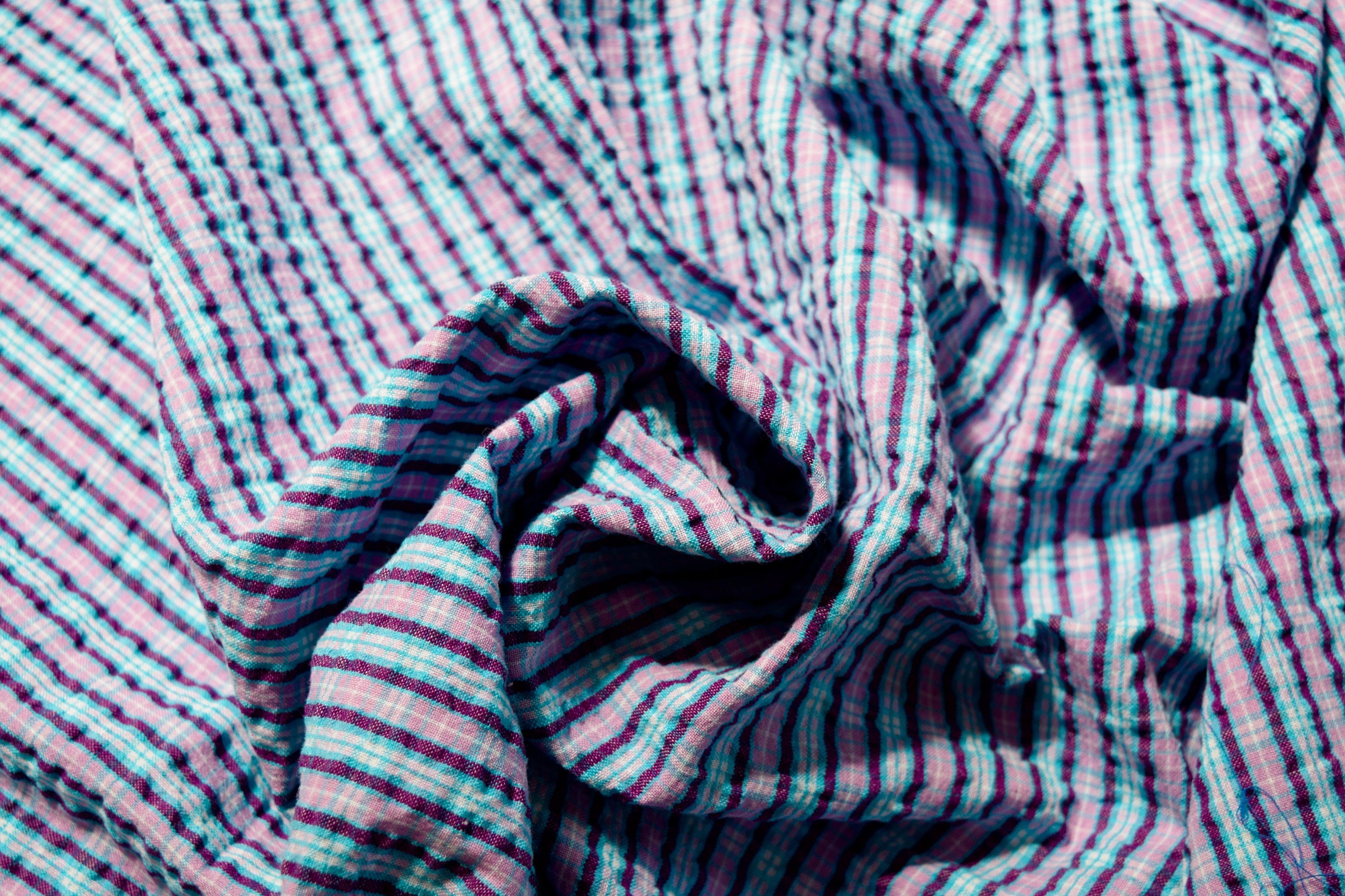 Blue Plaid Seersucker Fabric Remnant/ 60s Vintage Turquoise & Purple ...