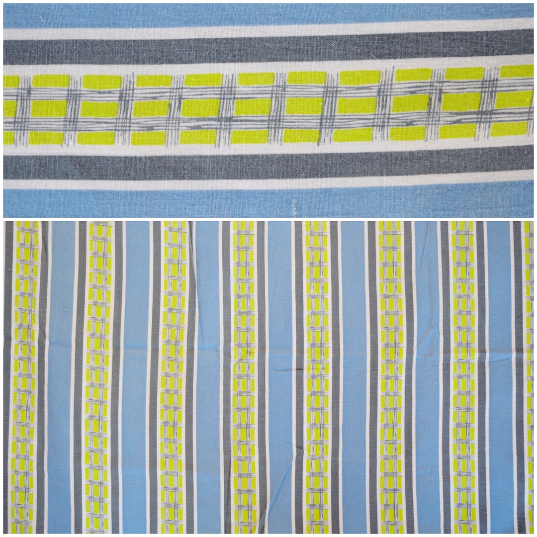 Blue + Lime Striped Fabric/ 1930s 40s Vintage Feedsack/ Midcentury Mod ...