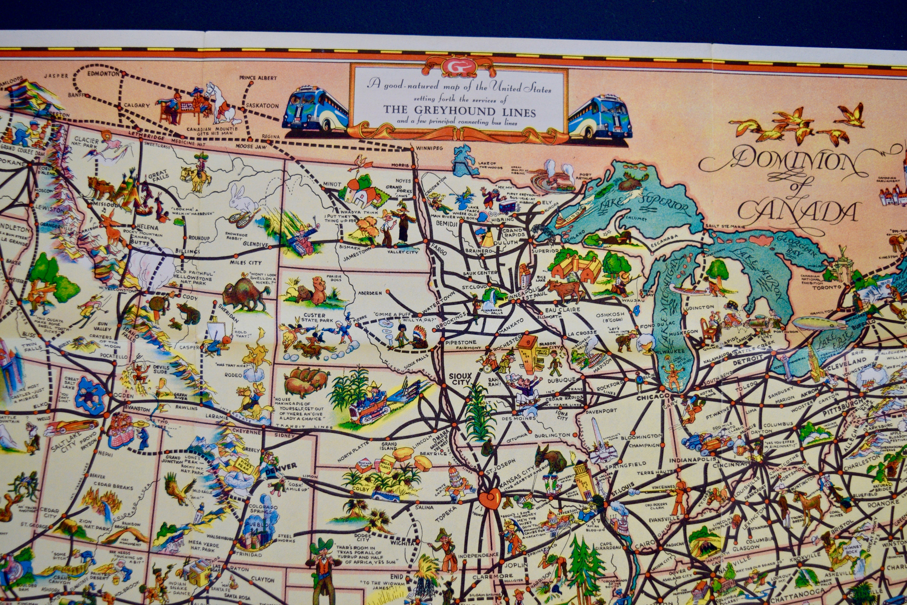 1940 Original Greyhound Bus Lines Good Natured Map of the United States ...