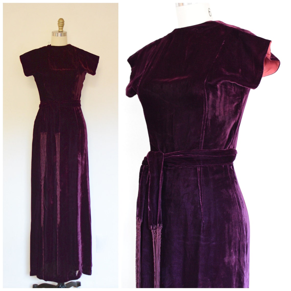 30s Vintage Silk Velvet Burgundy Maxi Dress With Macrame Tie Belt - Etsy