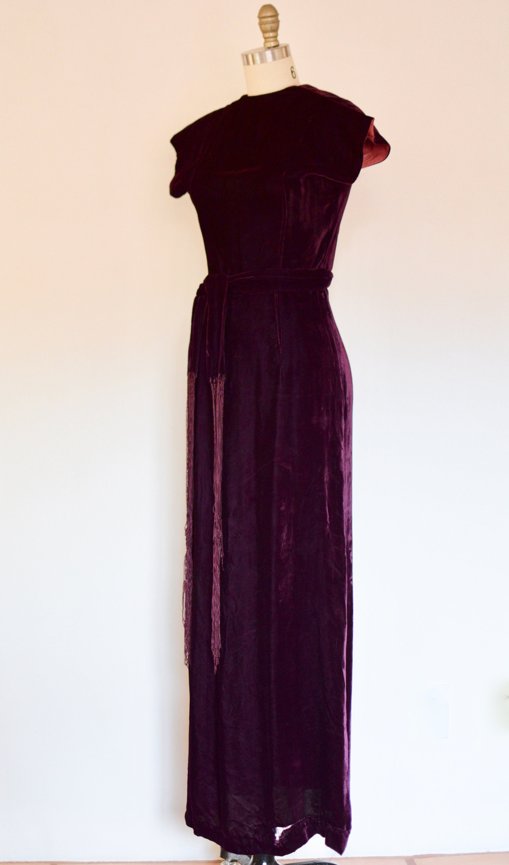 30s Vintage Silk Velvet Burgundy Maxi Dress With Macrame Tie Belt - Etsy
