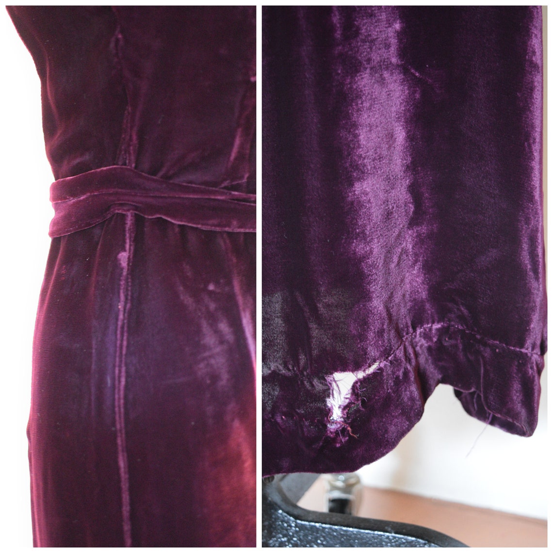 30s Vintage Silk Velvet Burgundy Maxi Dress With Macrame Tie Belt - Etsy