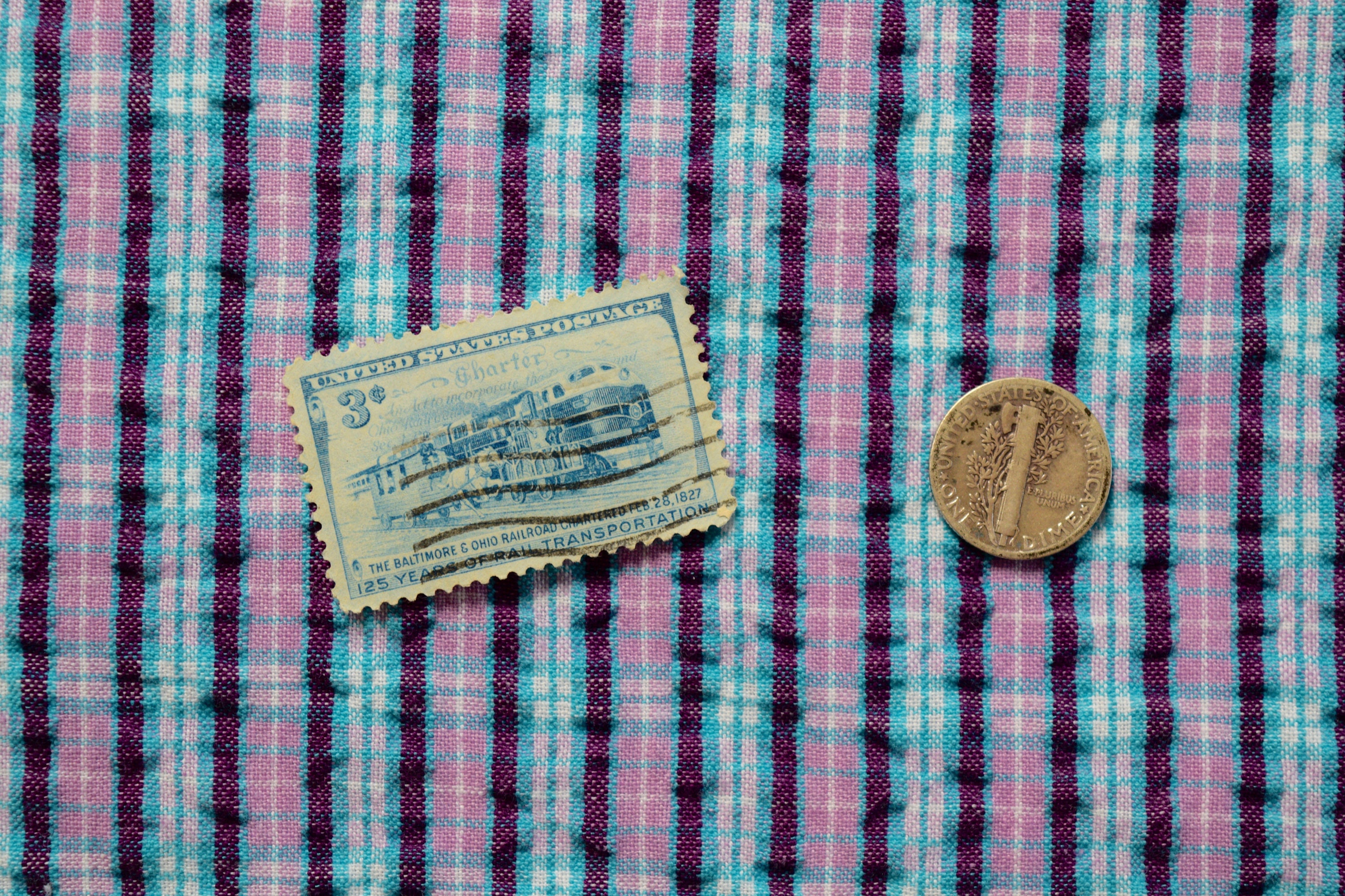 Blue Plaid Seersucker Fabric Remnant/ 60s Vintage Turquoise & Purple ...