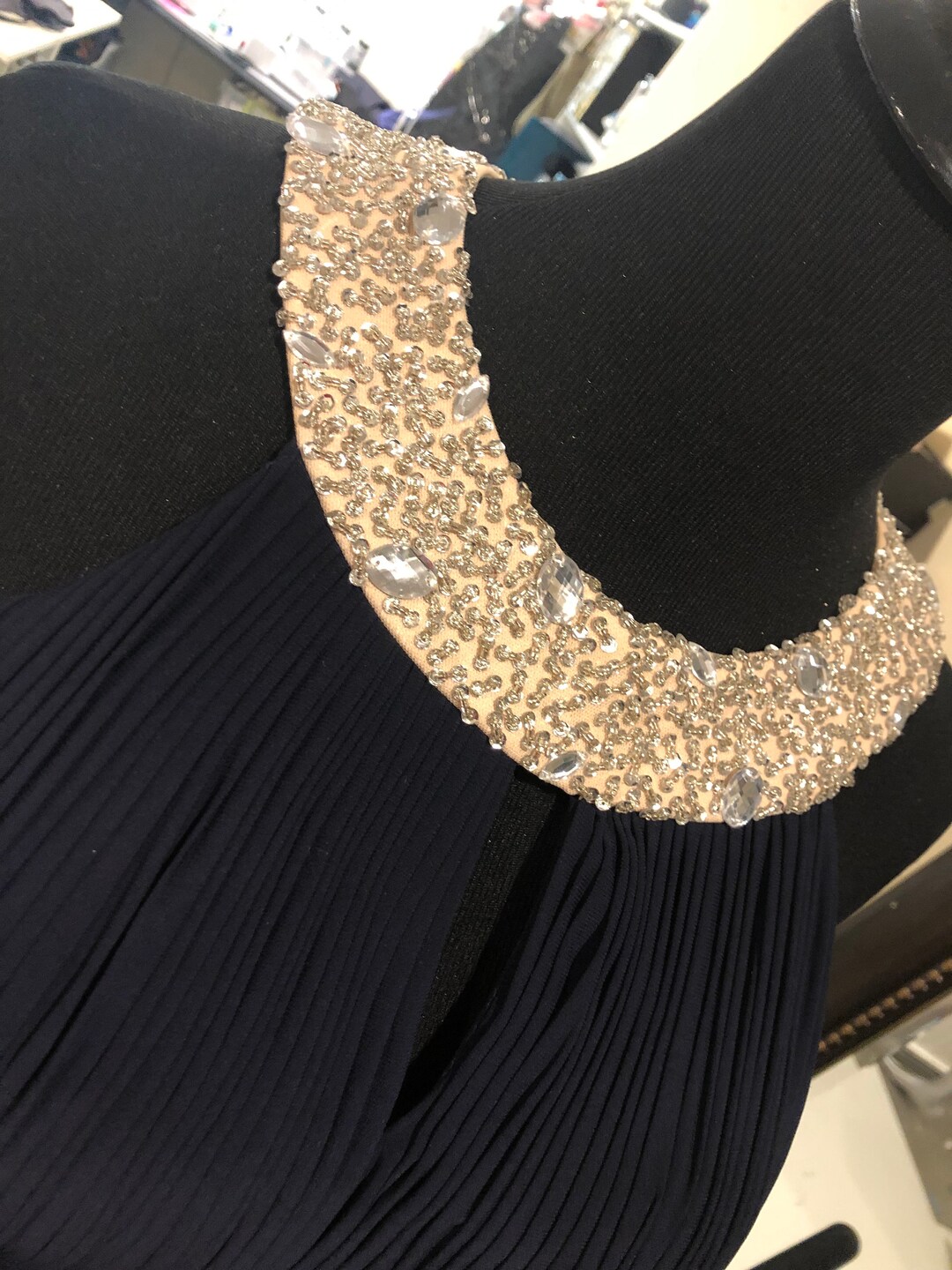 Navy Blue Formal Gown: Jeweled Beaded Neckline, Pleated Bodice - Etsy
