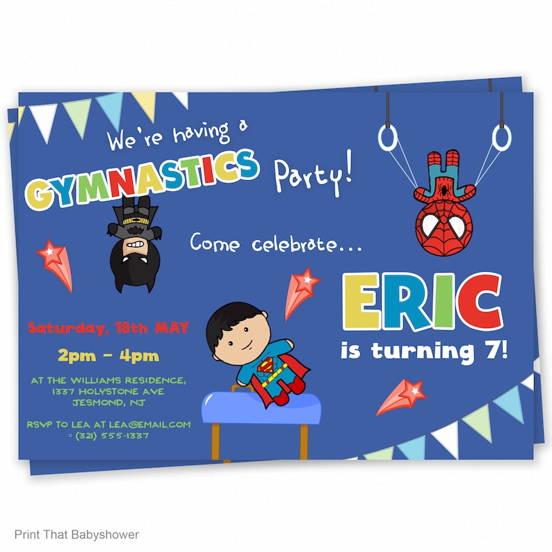 Boys Gymnastics Party Invitation - Superhero Gymnastics Birthday ...