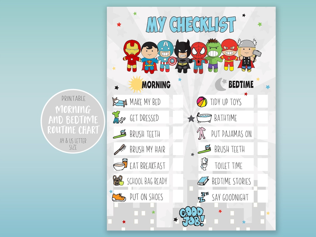 Superhero Kids Routine Chart: Morning & Bedtime Checklist | Printable ...