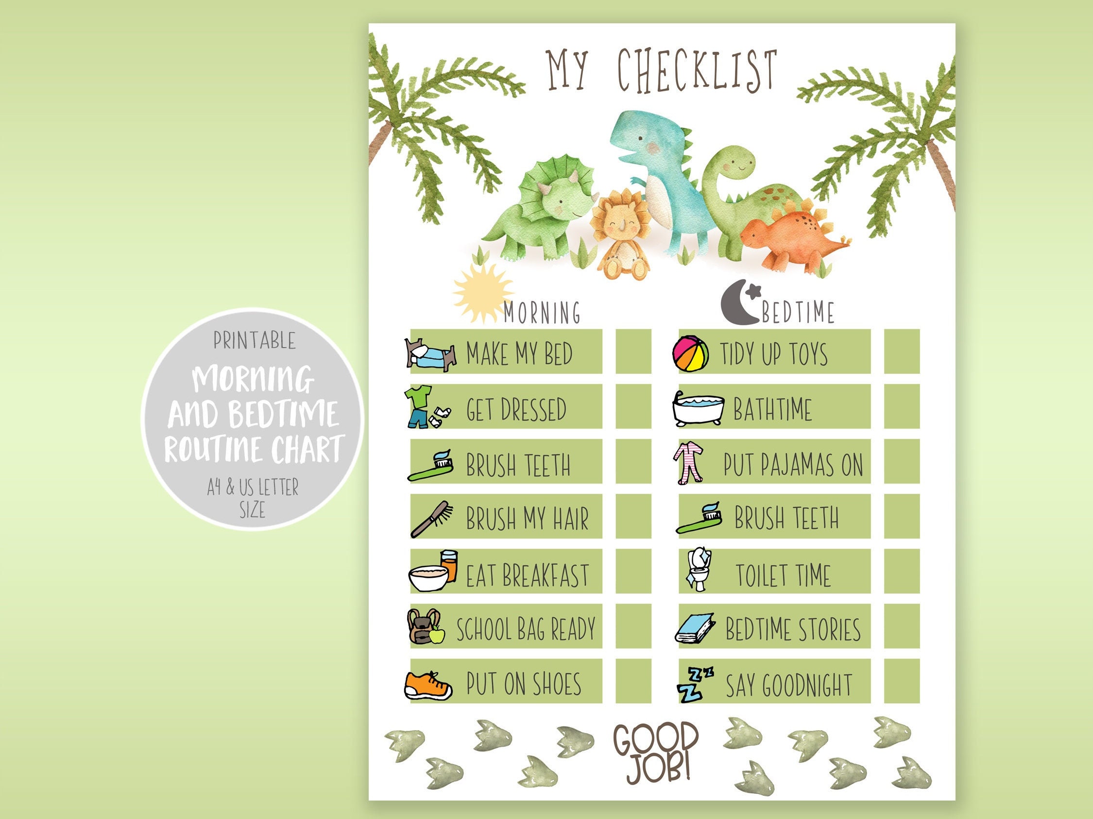 Dinosaur Kids Morning Bedtime Routine Charts | Instant Printable ...