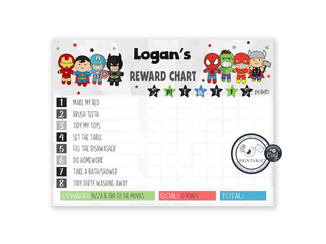 Editable Superhero Reward Chart | Kids Chore Behaviour Chart | Instant ...