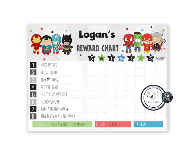 Editable Superhero Chore Chart Reward Chart Personalise the Name Etc ...