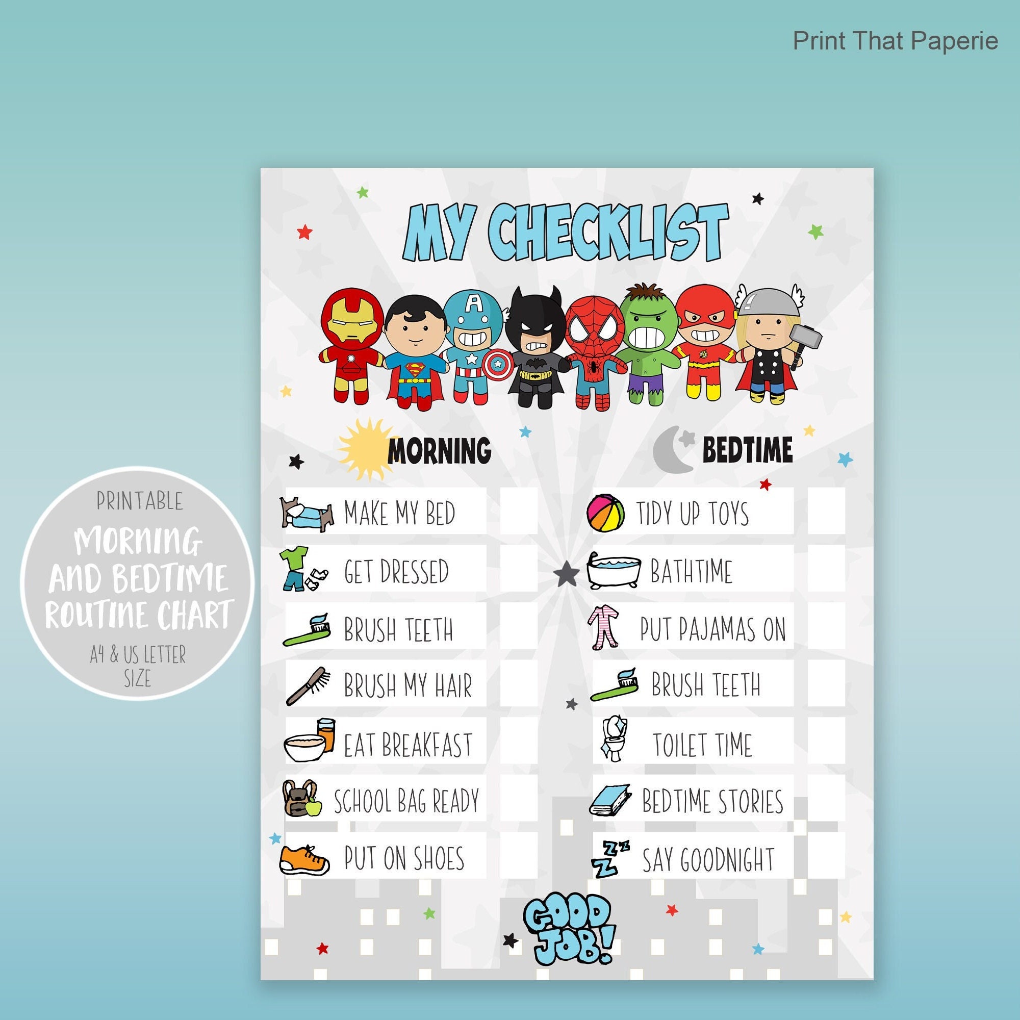 Superhero Kids Routine Chart: Morning & Bedtime Checklist | Printable ...