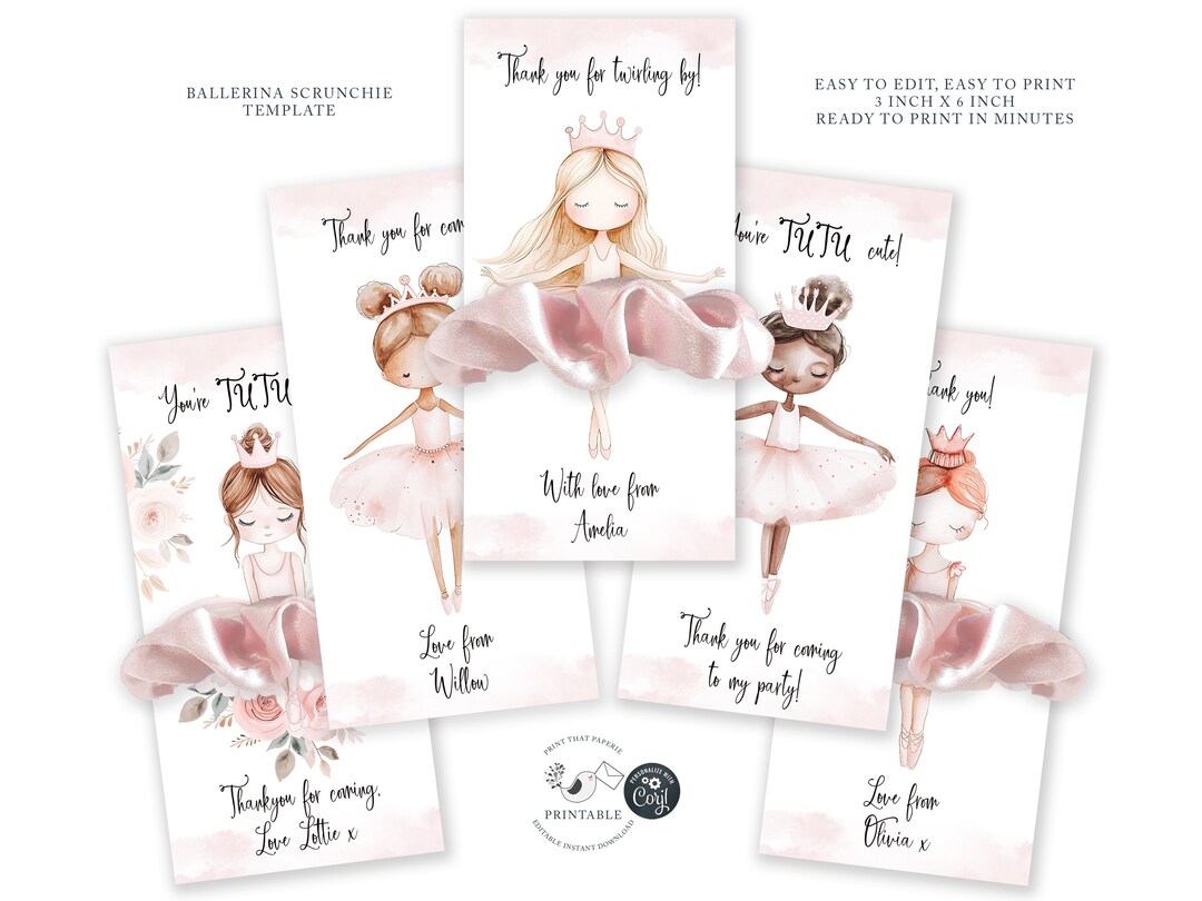 Ballerina Scrunchie Card Template: Editable Party Favor (digital ...