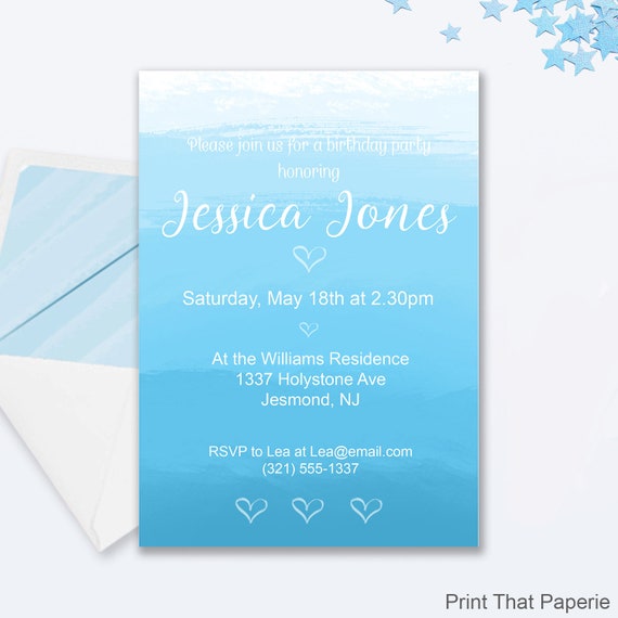 Blue Watercolor Birthday Invitation - Blue Invitation - Blue Invite ...