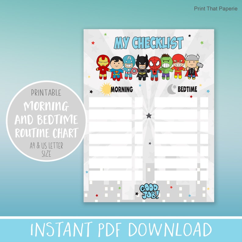 Superhero Kids Routine Chart: Morning & Bedtime Checklist | Printable ...