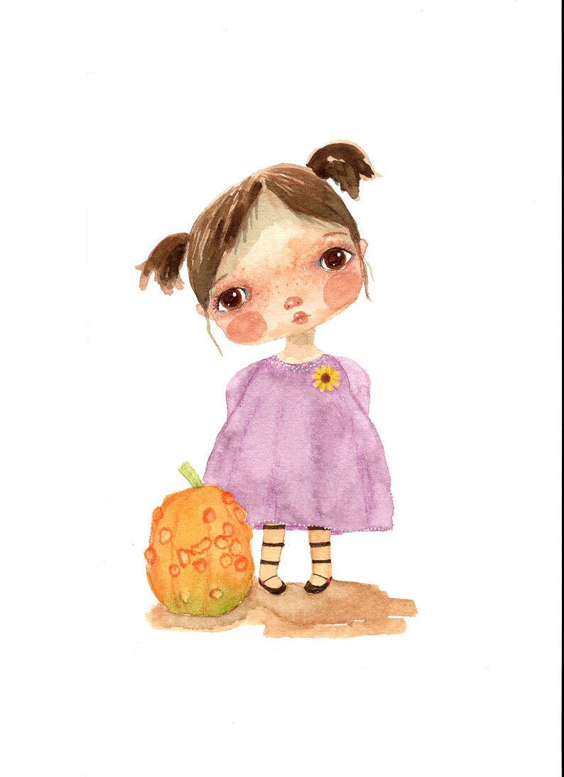 Watercolor Art Print, Whimsical Girl, Fall Decor, Wall Decor, Gourd ...