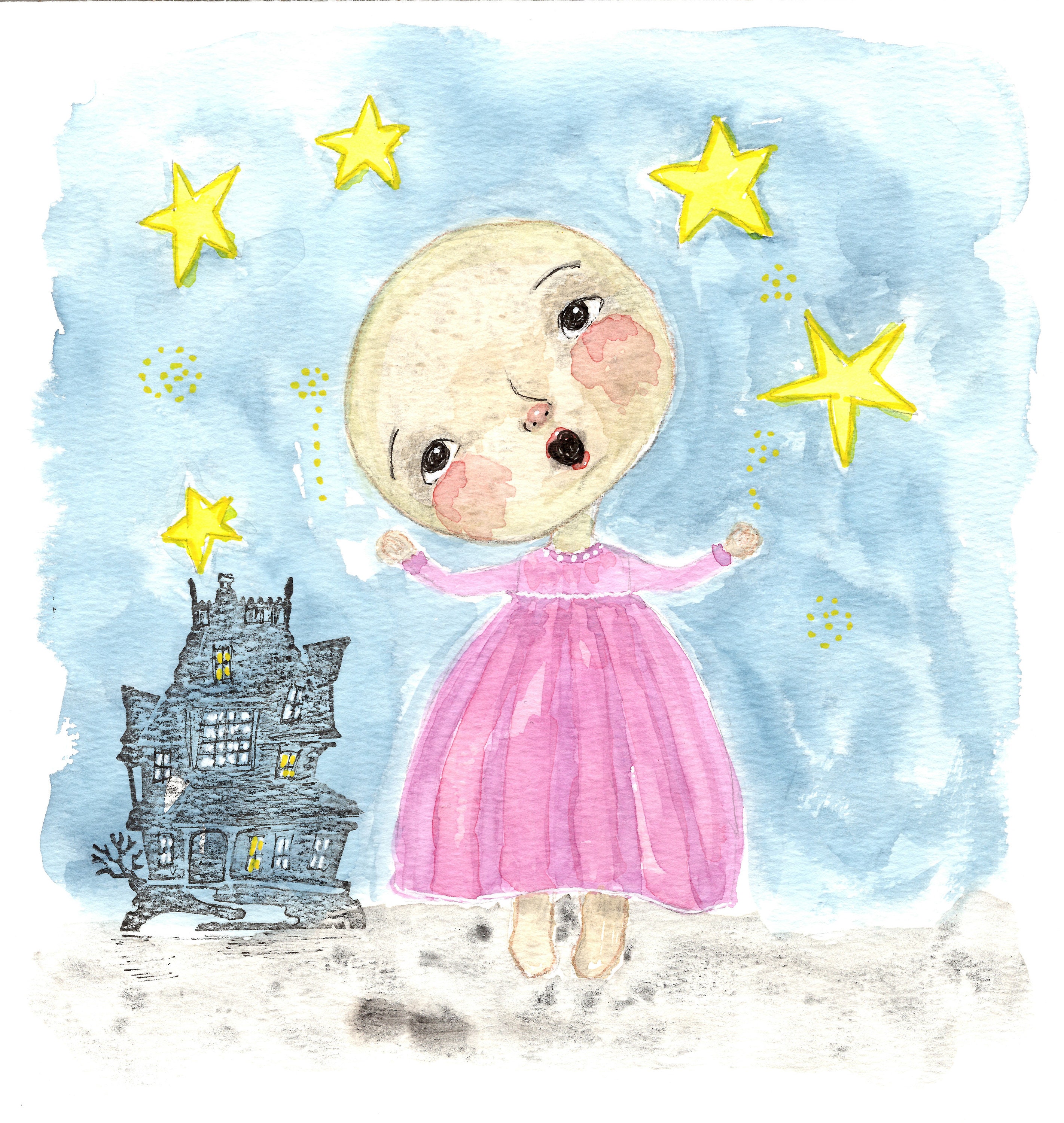 Watercolor Painting, Original Art, Ooak, Moon, Singing Moon, Sweet Luna ...